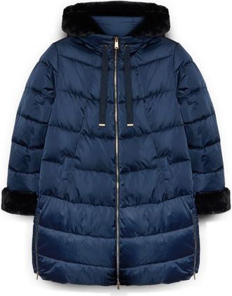 Fiorella Rubino Femme, Manteaux, Bleu, Taille: 52 FR Longue doudoune avec capuche et insert en peluche