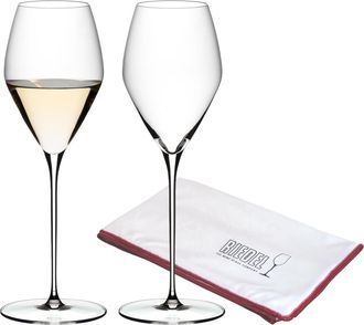 Riedel Veloce Sauvignon Blanc Weingläser 2er Set, 347 ml, Weißweingläser-Set mit Mikrofaser-Poliertuch (50 x 64 cm), Kristallglas