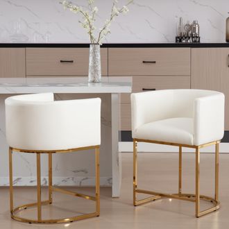 Generic Cremefarbenes Barhocker-Set Aus Leinen, 1/2/3/4, Thekenhöhe 24 Zoll, Mit Schwarzem Metallfuß(Seat H 24 White Leather Golden Legs,2)