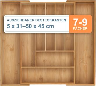 Relaxdays Besteckkasten, 7-9 Fächer, ausziehbarer Besteck Schubladeneinsatz, HxBxT: 5 x 31-50 x 45 cm, Bambus, Natur