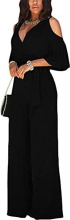 ORANDESIGNE Femmes Combinaison Manches Courtes Col V Couleur Unie Barboteuse Jumpsuit été Chic Élégant Casual Combishort avec Ceinture Pantalon Loose Fêtes Cockta