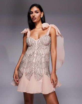 Asos Robe courte et ornement&eacute;e en organza avec bretelles nou&eacute;es - Rose