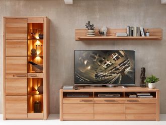 Möbelando Wohnwand >Nature One< aus Kernbuche teilmassiv mit LED-Clip Beleuchtung, FSC-Zertifiziert, 3-teilig, Lowboard, Stauraumvitrine, Wandboard, Softclose-T