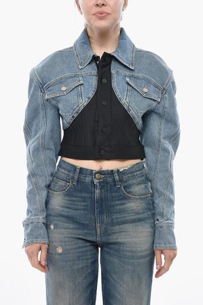 MUGLER Cropped Denim Jacket with Jersey Detail Mugler