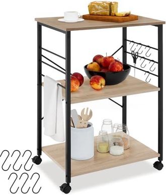 TecTake TecTake Desserte &agrave; roulettes 65,5 x 45,5 x 88,5 cm, Servante &agrave; 3 Niveaux et 6 Crochets pour Accessoires Chariot de Service Desserte de Cuisine roulett