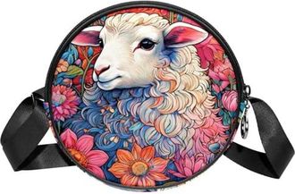 Generic Petit sac &agrave; bandouli&egrave;re rond pour femme, motif mouton color&eacute; avec fermeture &eacute;clair, bretelles r&eacute;glables, sac &agrave; main rond d&eacute;contract&eacute; pour femmes et fi