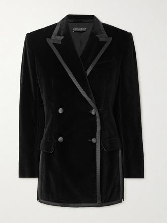 Dolce & Gabbana Blazer À Double Boutonnage En Velours De Coton Mélangé À Finitions En Satin De Soie - Noir