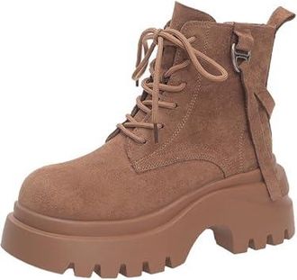 Generic Bottines à lacets pour femme avec fermeture éclair - Semelle épaisse - Talon épais - Bout rond - Bottes de combat en cuir - Confortables - Antidérapan