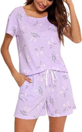 Mia Lucce Pyjama Femme Ete Coton Manches Courtes Pyjama Short Femme Vêtements de Nuit avec Imprimé et Poches pour la Maison et Le Sommeil, S-XXXL
