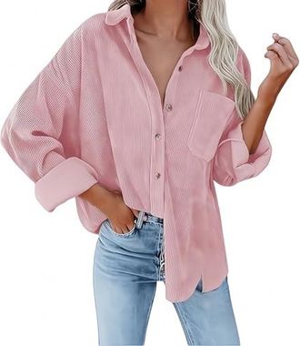 Ocean Plus Femmes Automne Velours C&ocirc;tel&eacute; Couleur Unie Chemisiers &agrave; Manches Longues Chemise en Velours C&ocirc;tel&eacute; Cardigan Revers Blouses (XL, Rose p&ecirc;che)