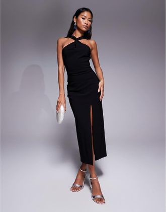 Vesper Robe dos nu longueur mollet en bengaline avec fente lat&eacute;rale et d&eacute;tail torsad&eacute; &agrave; lavant - Noir