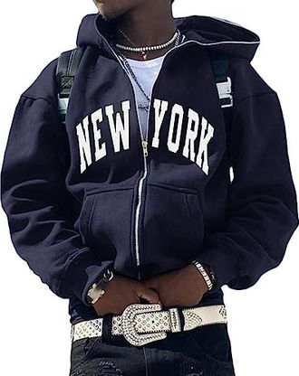 ORANDESIGNE Homme Hip Hop Sweat à Capuche avec Fermeture Éclair Impression de Lettres Hoodie Pull Sweat Zippé Manches Longues Sport Outdoor Sweat-Shirts Garçons A