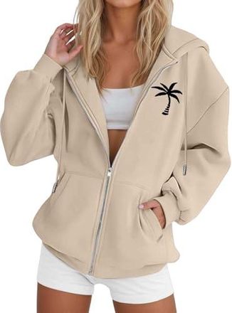 Generic 2026 Veste &agrave; capuche d&eacute;contract&eacute;e &agrave; manches longues avec cordon de serrage pour femme Motif arbre, kaki, 3XL