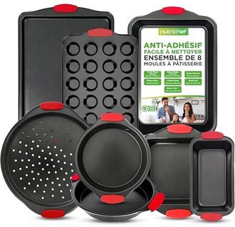 Nutrichef NutriChef Moules &agrave; P&acirc;tisserie - Set de 8 Plateaux de Cuisson Antiadh&eacute;sif en Acier au Carbone - Plateaux Empilables - Inclut Plaques &agrave; Biscuits, Moule 