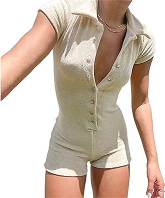 ORANDESIGNE Combinaison en Tricot Femme Manche Courte Bodysuit Sexy Col en V Combishort Serrée Une Pièce Moulante Barboteuse Vintage Y2k Streetwear L Blanc L