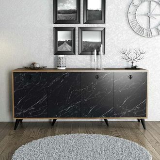 Pier Import Buffet design moderne 4 portes, fa&ccedil;ade effet marbre noir UMEA