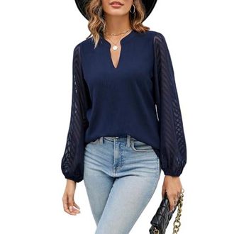 Generic Haut d&eacute;contract&eacute; pour femme, chemisier &agrave; manches longues en dentelle transparente pour le travail, le bureau, chemise pliss&eacute;e &agrave; col en V, tenue formel