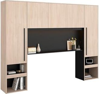 Vente-Unique Pont de lit avec rangements - avec LEDs - L265 cm - Coloris : Naturel et Noir - VELONA