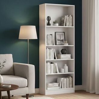 Dmora B&uuml;cherregal mit f&uuml;nf F&auml;chern, Farbe: Wei&szlig;, 79 x 107 x 27 cm