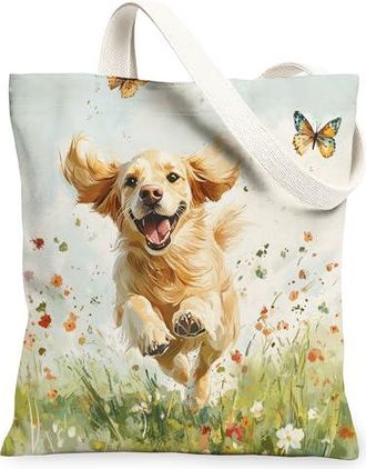 Generic Sac fourre-tout en toile motif chien Golden Retriever de printemps 33 x 38,1 cm, sac d&eacute;picerie r&eacute;utilisable pour femme, motif animal de compagnie, d&eacute;c