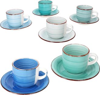 MamboCat 6er Set Blue Cappuccinotassen mit Untertassen I 200 ml I gro&szlig;e Tassen + Untertasse aus Steingut f&uuml;r 6 Personen mit verschiedenen Blaut&ouml;nen & Strudel-D