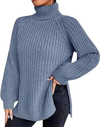 Generic Pull surdimensionné à col roulé pour femme, grande taille, pull ample en tricot chaud et doux avec fente latérale pour lautomne et lhiver à col roulé 