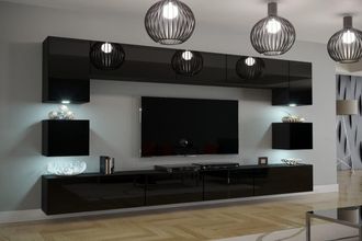 Furnitech Wohnwand Wohnzimmer | H&auml;ngend Wohnwand Modern | Wohnzimmer Schrankwand mit Regale und TV Schrank | Wohnzimmer M&ouml;bel ohne LED (Nawara Schwarz)