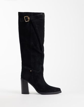 Bronx Mya-Mae - Kniehohe Stiefel aus Wildleder in Schwarz mit Blockabsatz