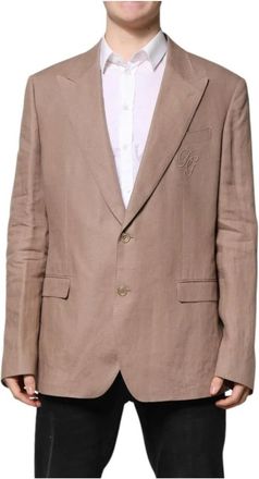Dolce & Gabbana Homme, Vestes, Brun, Taille: 4XL Blazer Beige en Lin avec Logo Brodé