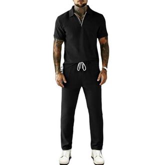 Generic Surv&ecirc;tement 2 pi&egrave;ces en velours c&ocirc;tel&eacute; &agrave; manches courtes et pantalon pour homme, Noir, XXL