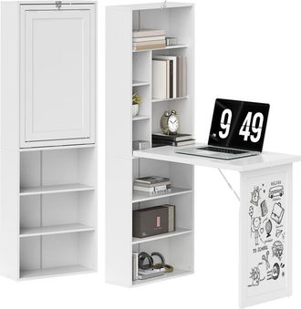 HOMCOM Bureau avec rangement - HOMCOM - pliable - biblioth&egrave;que poste de travail tableau blanc &eacute;tag&egrave;re r&eacute;glable - MDF - 98x51x153cm - blanc