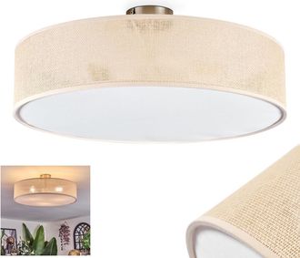 HOFSTEIN Deckenleuchte Foggia, Deckenlampe aus Metall/Papiergeflecht/Stoff/Kunststoff in Nickel-matt/Natur/Beige/Weiß, runde Boho Leuchte (Ø 50 cm), E27, Esszi