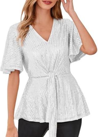 Generic Haut à paillettes pour femme - Col en V - Plissé à la taille - Manches courtes - Style péplum scintillant - Élégant - Hauts de soirée, blanc, Taille X