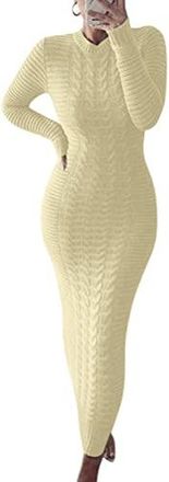 ORANDESIGNE Robe Femme Longue Hiver Tricot&eacute; Chic et &Eacute;l&eacute;gant Pull Long Manche Longue Moulante D&eacute;contract&eacute;e Chaude Maxi Pullover Tricot C&ocirc;tel&eacute; Beige L