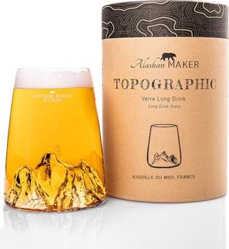 Alaskan Maker Verre long 450ml - Borosilicate de qualit&eacute; sup&eacute;rieure souffl&eacute; artisanalement avec les montagnes en relief | Cocktail, bi&egrave;re ou soft TOPOGRAPHIC (Aigui