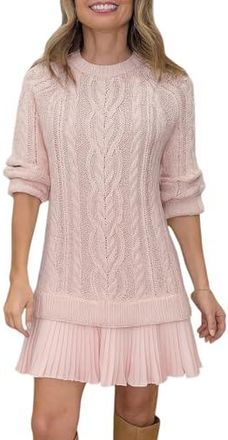 Generic Robe pull d&eacute;contract&eacute;e en tricot torsad&eacute; &agrave; col roul&eacute; pliss&eacute; pour femme, rose, XXL