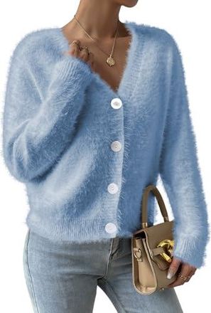 Pink Queen Viottiset Cardigan en fourrure pour femme - Ouvert &agrave; lavant - Boutonni&egrave;re - Pull ample, bleu ciel, M