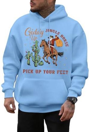 Generic Sweat &agrave; capuche de No&euml;l pour homme | Cowboy Santa Oversize - Sweat &agrave; capuche &agrave; manches longues pour lautomne | pour v&ecirc;tements de rue, bleu clair, XL