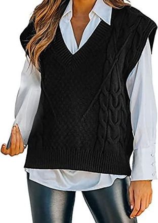 Generic Gilets tricotés pour femmes - Pull en tricot pour femme - Couleur unie - Col en V - Gilet tricoté sans manches à carreaux pour la vie quotidienne et l