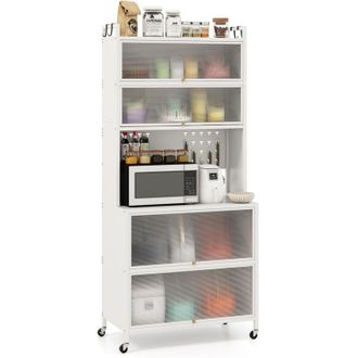 Costway Costway - Meuble Cuisine Rangement 6 Niveaux, Etagere Rangement Cuisine en Fer, Portes Battantes, Panneau Perfor&eacute;, 10 Crochets, Armoire Cuisine &agrave;
