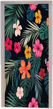 A.Monamour Türtapeten Selbstklebend 3D Hand Gezeichneter Tropischer Hibiskus Blüht Exotisches Palmblattmuster Auf Dunklem Hintergrund Türtapete Türposter Tapete 
