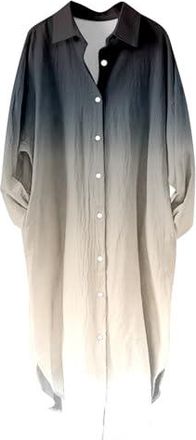 Generic Robe dété décontractée pour femme - Manches longues à revers avec poches - Imprimé dégradé - Robe longue vintage décontractée, bleu marine, 5XL