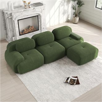 Generic Modulares Schlafsofa mit Ottomane, 3-Sitzer, modulares Cord-Sofa, ohne Montage, for Wohnzimmer, rahmenloses Sofa, mit gebogenen Armlehnen(Verde,3S+1)