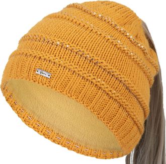 Faera Damen Winterm&uuml;tze Zopfm&uuml;tze Zopfloch Loch Zopf Beanie M&uuml;tze Strickm&uuml;tze 72, Farbe:Senf