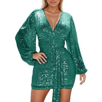 Generic Robe Soiree Femme Robe Cocktail Robe de Soirée Sexy À Sequins pour Femmes Européennes Et Américaines Col en V Et Manches Longues Style Transfrontalier