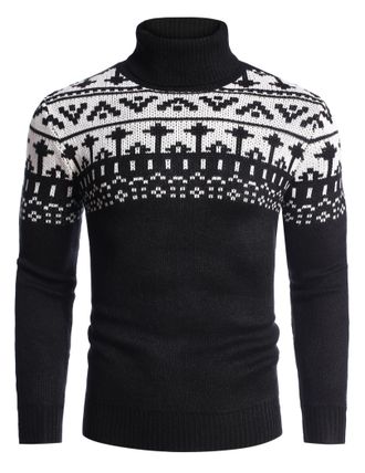 Coofandy Strickpullover Herren H&auml;sslich Weihnachten Rollkragenpullover Strick Norweger Pullover Schwarz S