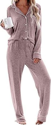Minetom Pyjama Femme Automne Hiver Ensemble de Pyjamas Nuit Manche Longue Col V Bouton Top Blouse Chemisier et Pantalon 2 Pièces A Rose L