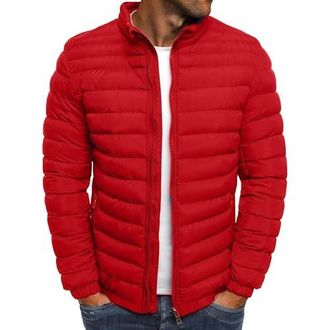 Generic Veste en coton de couleur unie à col montant pour homme avec fermeture éclair complète - Veste dhiver pour homme, Rouge, 3XL