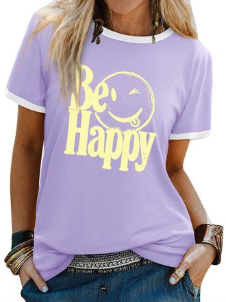Dresswel Tshirt Damen Be Happy Lächelndes Gesicht Druck T-Shirt Rundhals Kurzarm T Shirts Sommer Oberteile Tee Tops Bluse