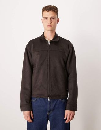 Abercrombie & Fitch Leichte Cropped-Jacke aus veganem Wildleder in Braun mit Reißverschluss